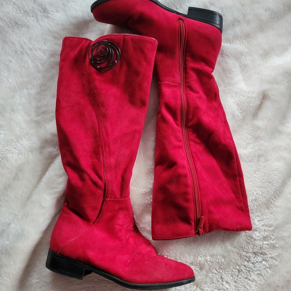 Shoes | Red Flat Heel Boots | Poshmark